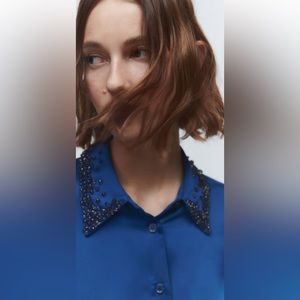 Zara | Tops | Zara Rhinestone Satin Effect Shirt | Poshmark